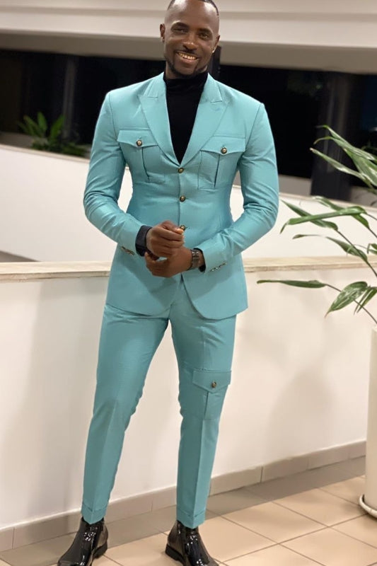 Decent Teal Peaked Lapel Close Fitting Prom Suits | Ballbella