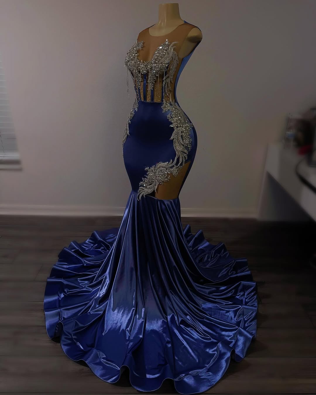 Dusty Blue Shiny Silver Beaded Mermaid Court Train Prom Dresses – Ballbella