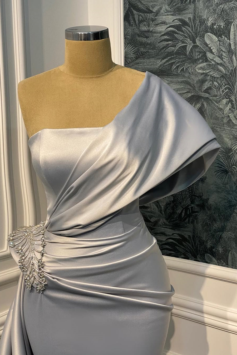 Elegant One Shoulder Satin Mermaid Prom Dresses Sheath Gem With Pleats ...