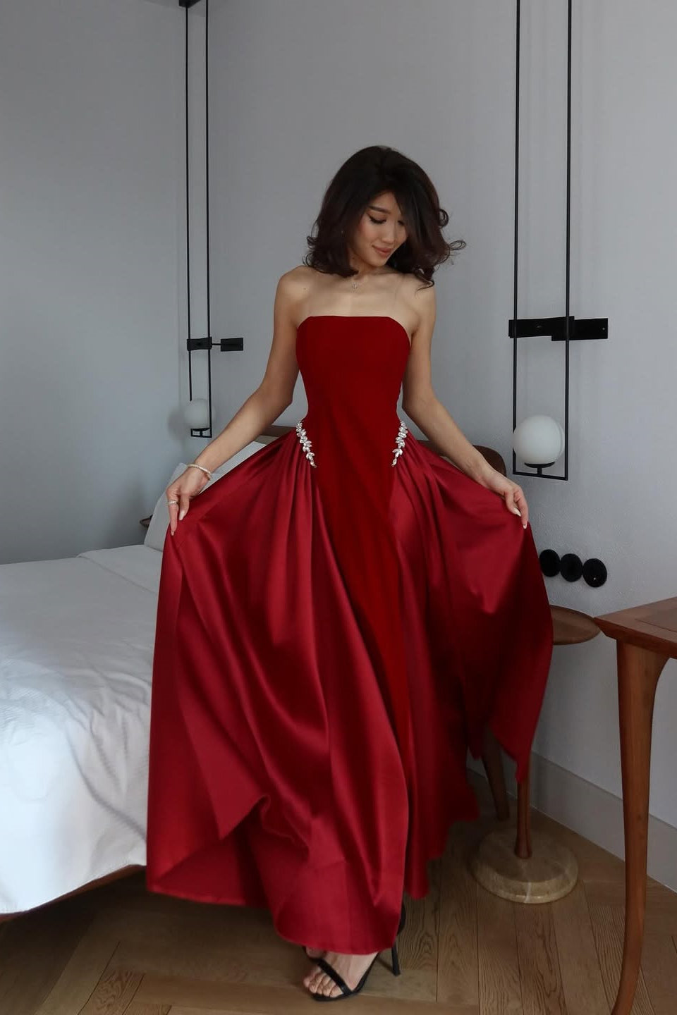 Glamorous Burgundy Spaghetti-Straps Sleeveless Satin Prom Dresses A-Li ...