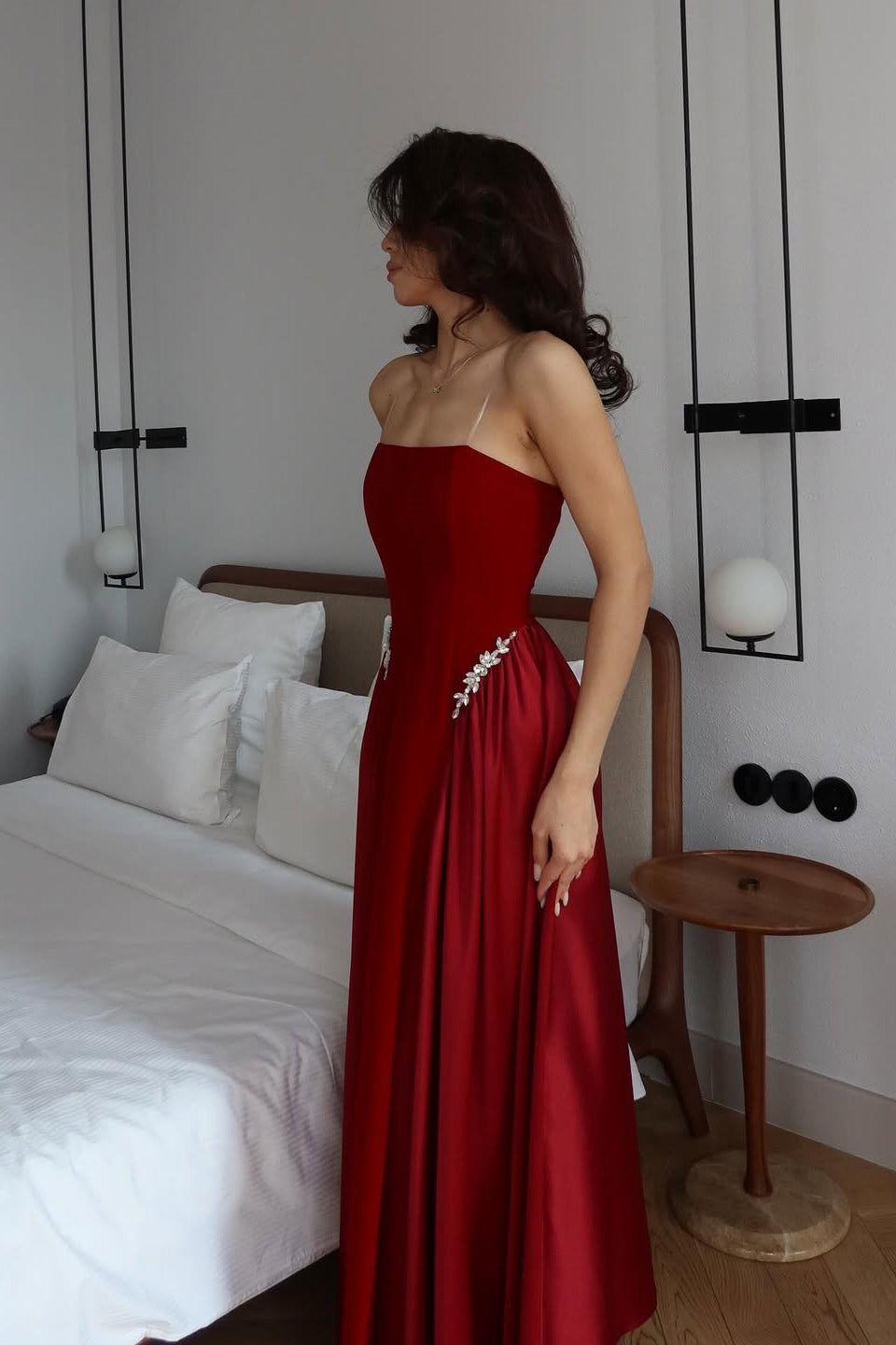 Glamorous Burgundy Spaghetti-Straps Sleeveless Satin Prom Dresses A-Li ...