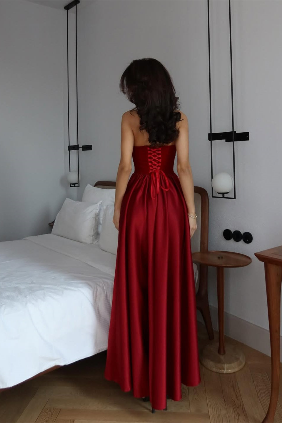 Glamorous Burgundy Spaghetti-Straps Sleeveless Satin Prom Dresses A-Li ...