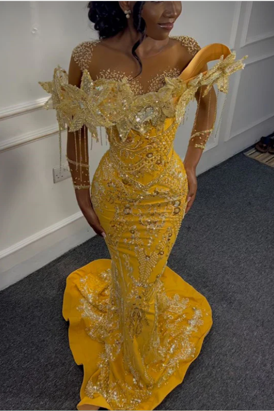 Yellow Flowers Sparkle Beaded Mermaid Court Train Prom Dresses – Ballbella