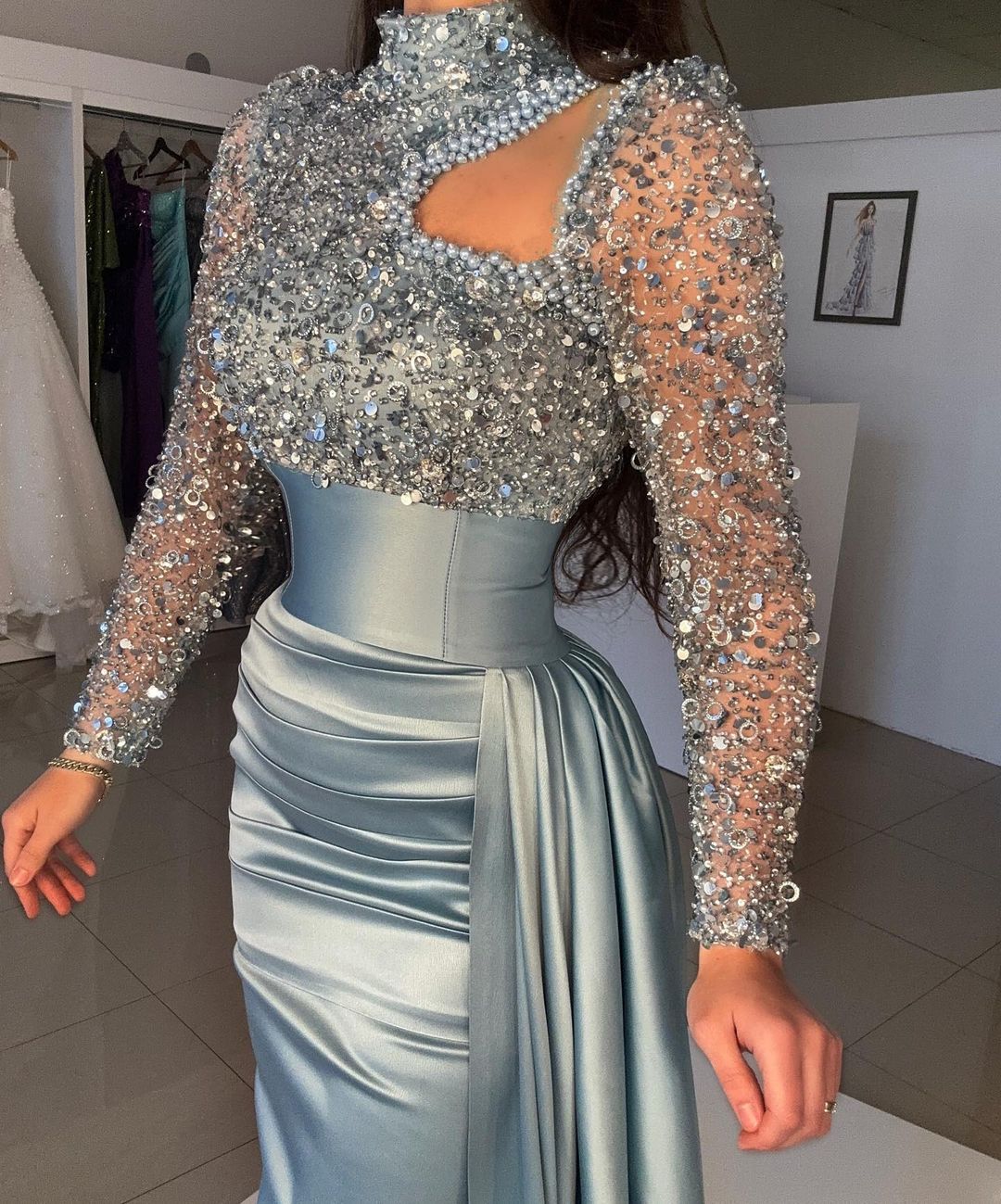 Ballbella Dusty Blue Long Sleeves Prom Dress Mermaid With Sequins High