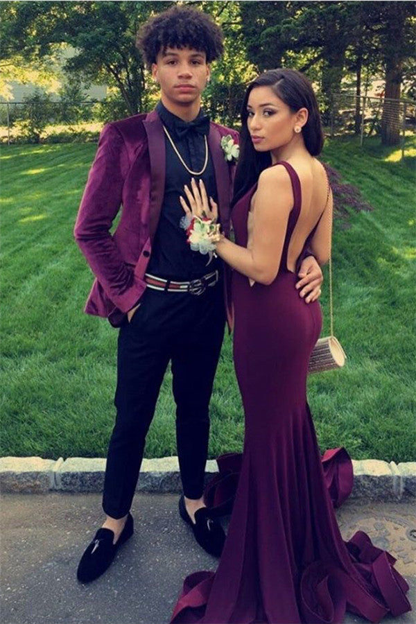 Burgundy Velvet Two Pieces Peak Lapel Bespoke Prom Suits for Men ...