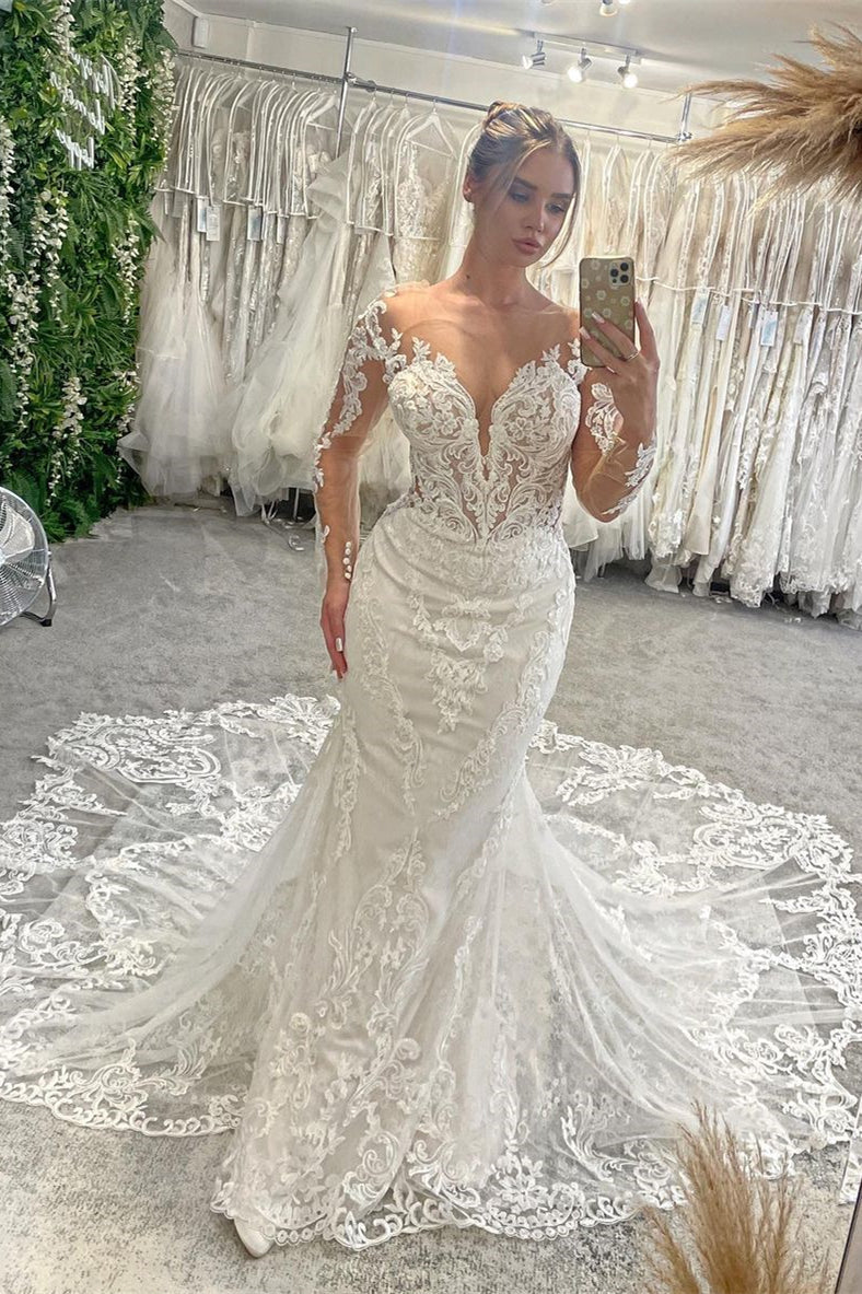 Chic V-Neck Long Sleeves Mermaid Lace Wedding Dress – Ballbella