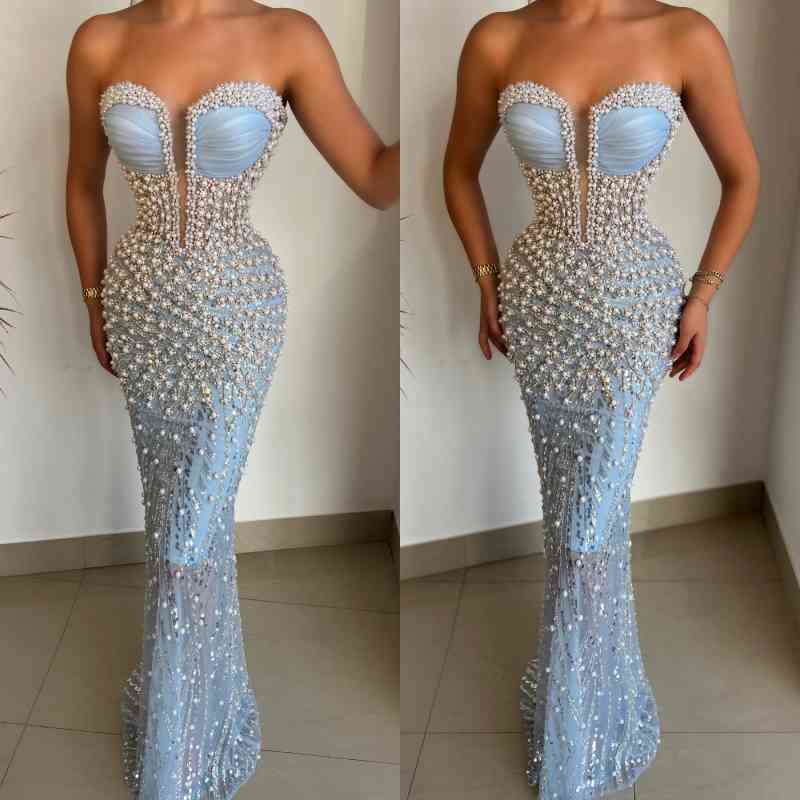 Gorgeous Sky Blue Sweetheart Pearls Prom Dress Mermaid With Beads ...