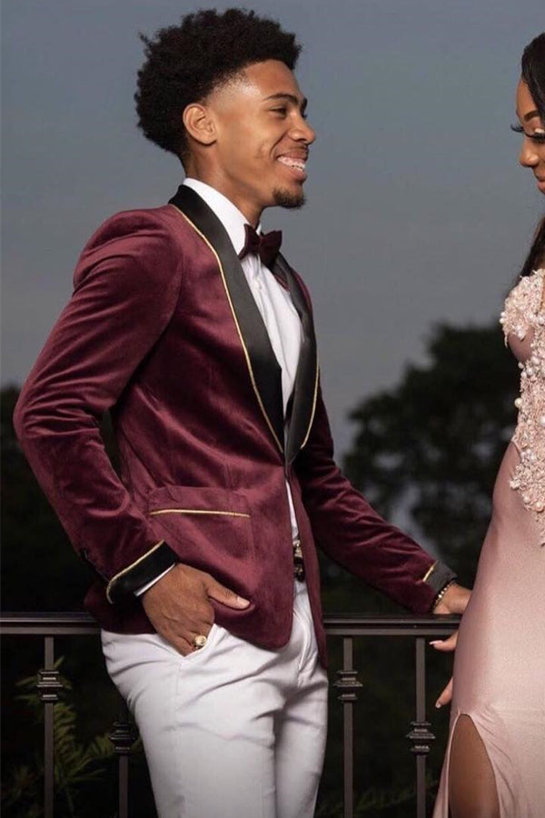 Mauve Velvet Prom Suits With Black Shawl Lapel And White Pants | Ballbella
