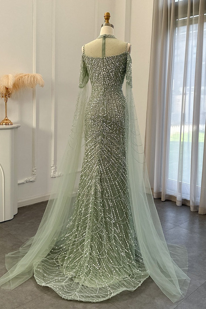 Modern High Neck Pearls Prom Dress Mermaid Long With Ruffle – Ballbella