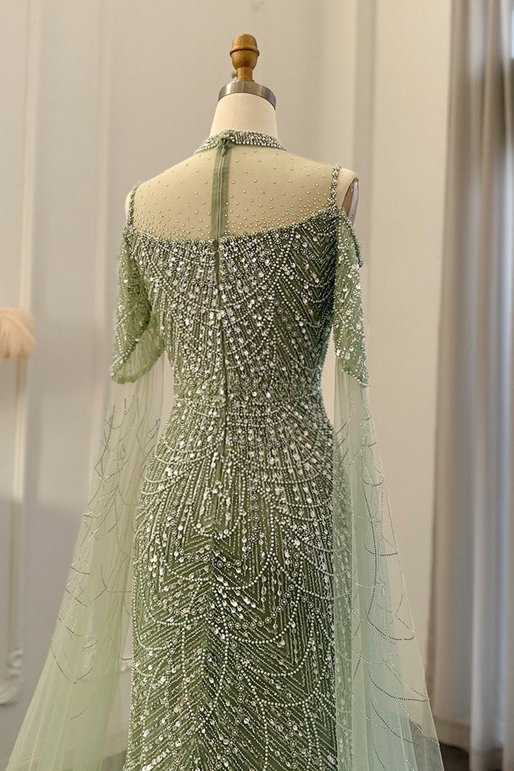 Modern High Neck Pearls Prom Dress Mermaid Long With Ruffle – Ballbella