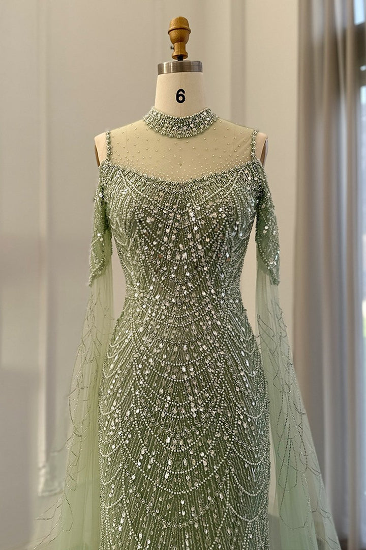 Modern High Neck Pearls Prom Dress Mermaid Long With Ruffle – Ballbella