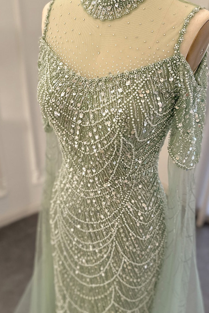 Modern High Neck Pearls Prom Dress Mermaid Long With Ruffle – Ballbella