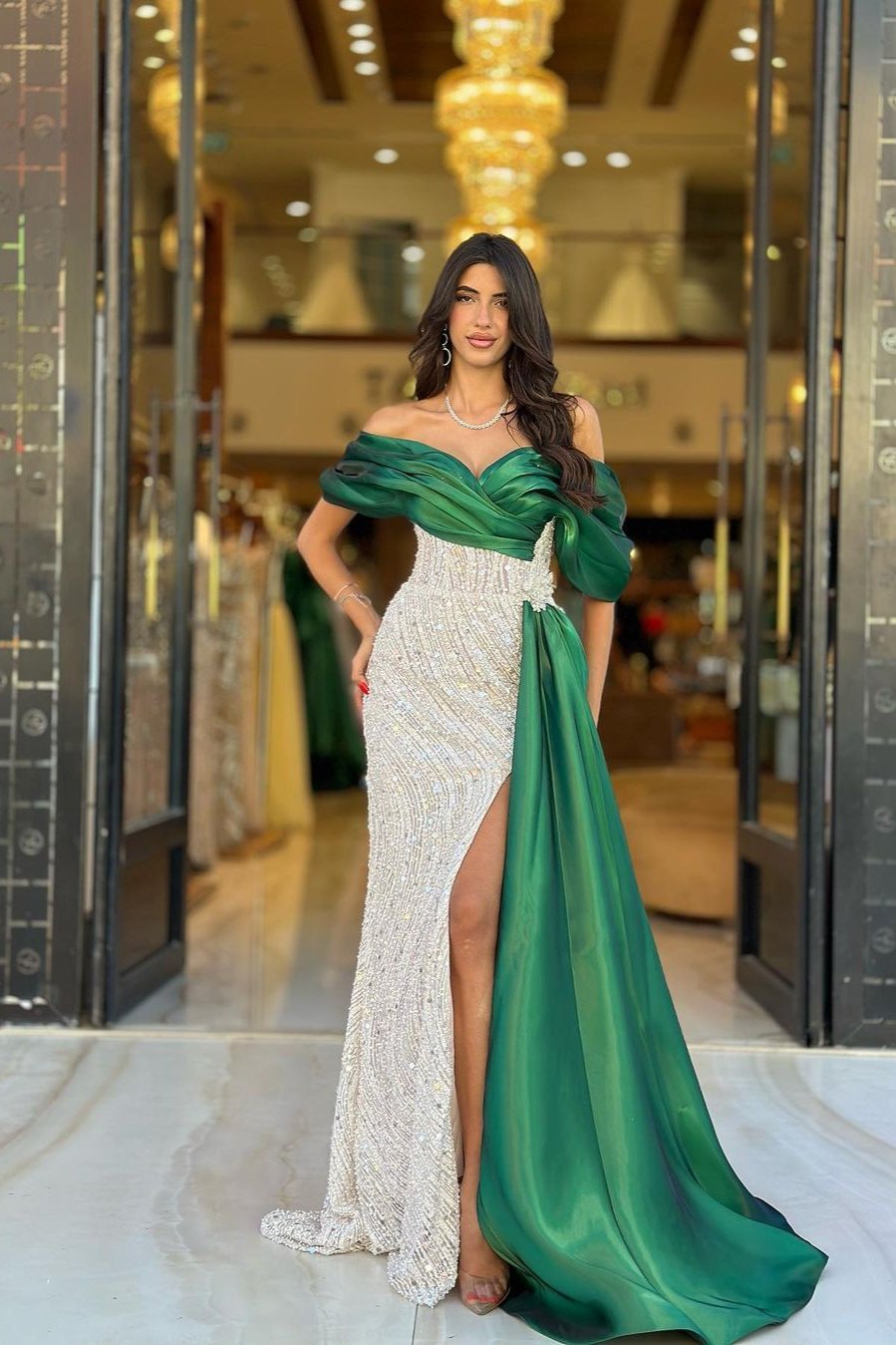 Off-Shoulder Prom Gown with Sparkling Sequins and Daring Slit – Ballbella