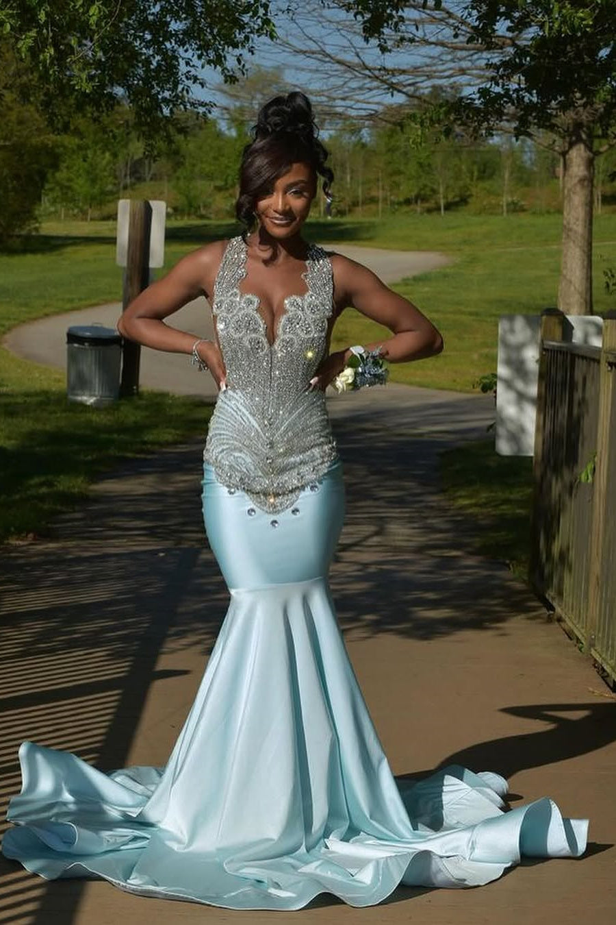 Sky Blue Silver Beaded Satin Mermaid Sleeveless Long Prom Dresses – Ballbella