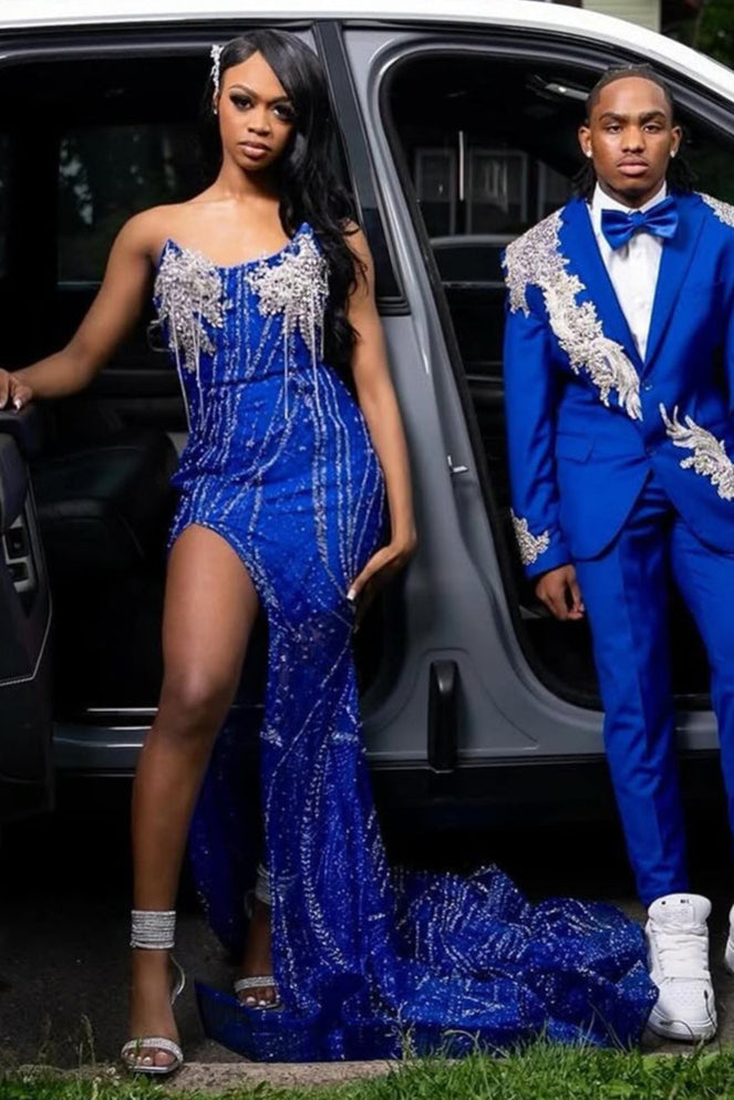 Strapless Royal Blue Silver Beaded Mermaid High Split Prom Dresses ...