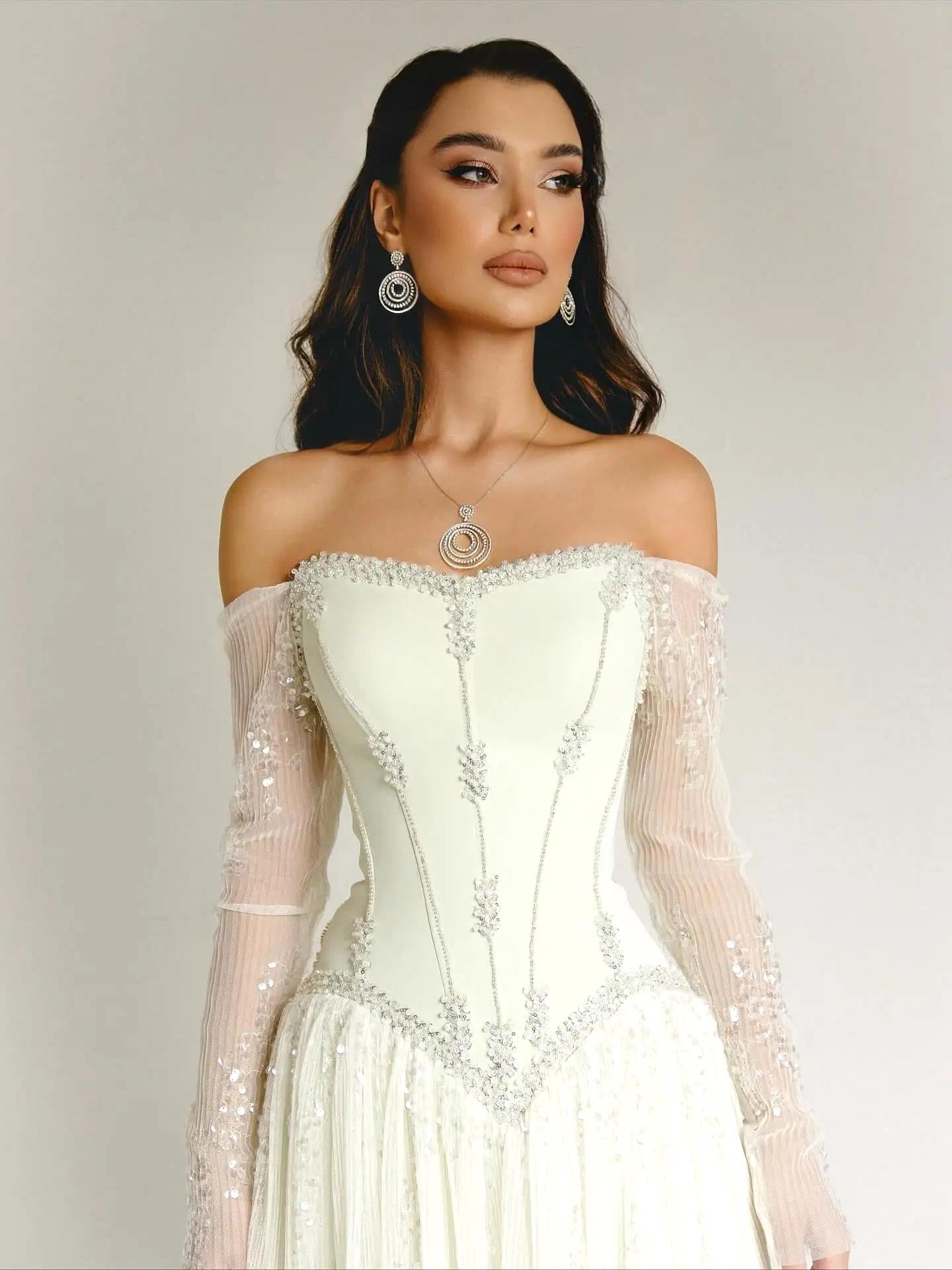 Timeless Off-The-Shoulder Long Sleeves A-Line Prom Dresses Sequins Gem ...