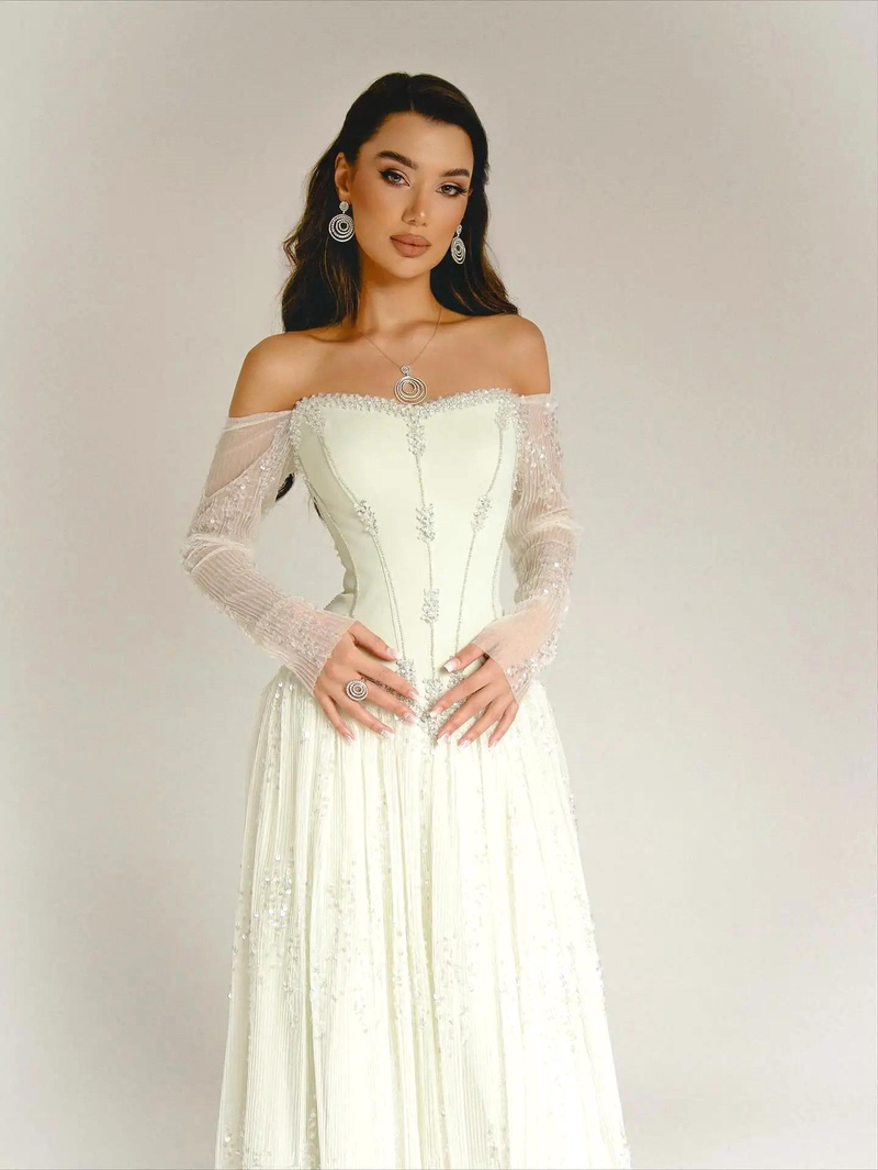 Timeless Off-The-Shoulder Long Sleeves A-Line Prom Dresses Sequins Gem ...
