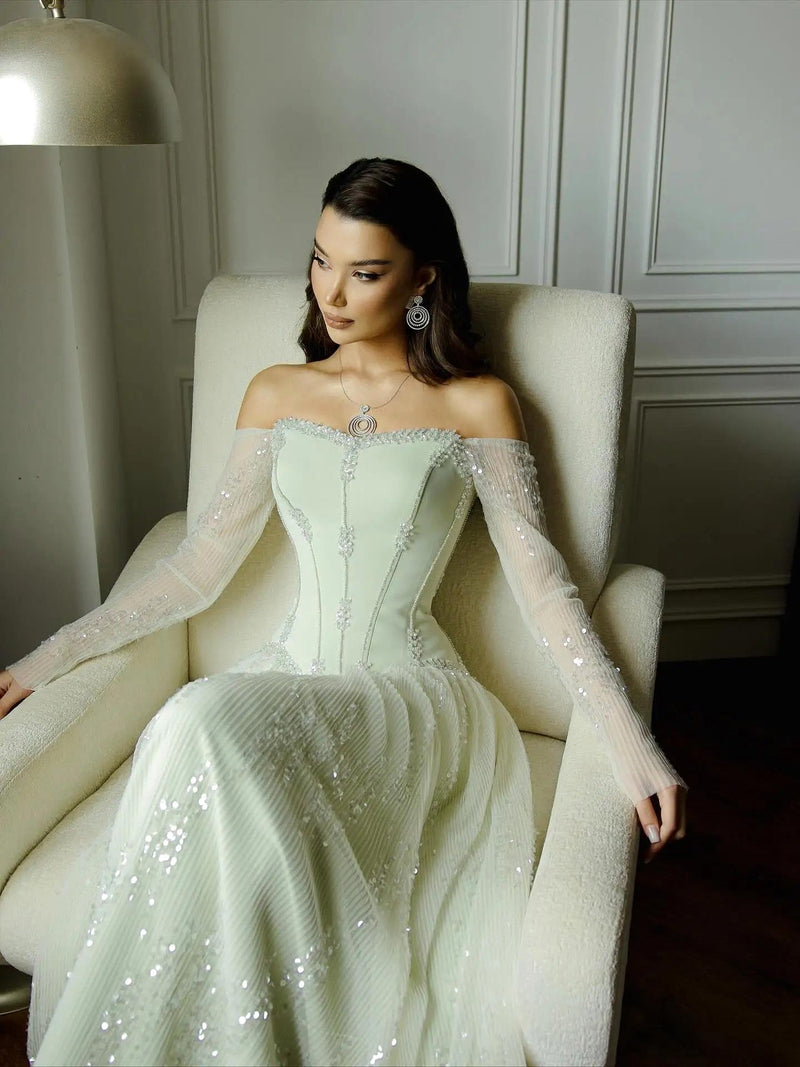Timeless Off-The-Shoulder Long Sleeves A-Line Prom Dresses Sequins Gem ...