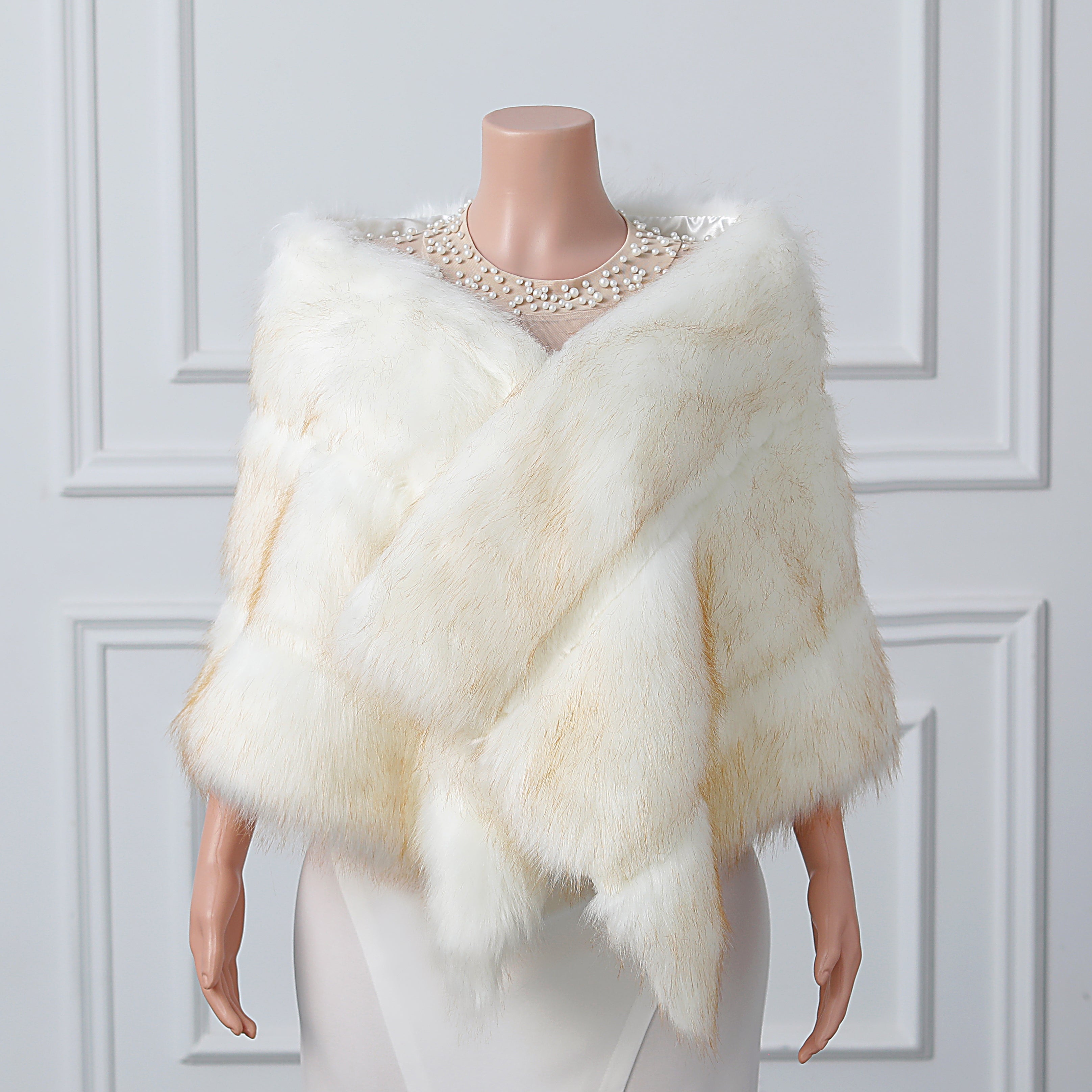 White Yellow Pointed High-Low Faux Fur Shawl – Ballbella